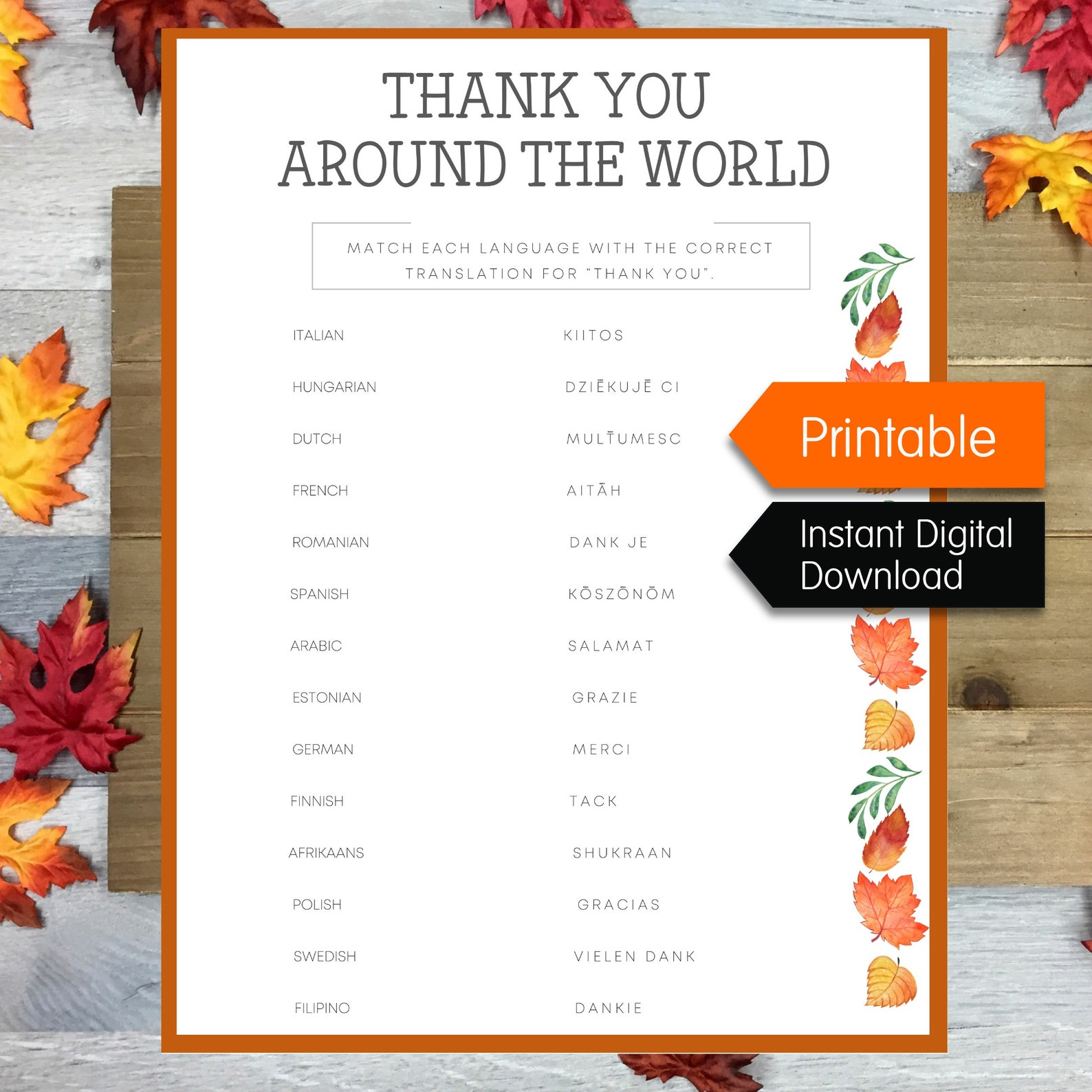 Thank You Around the World Printable Language Game With Answer ...