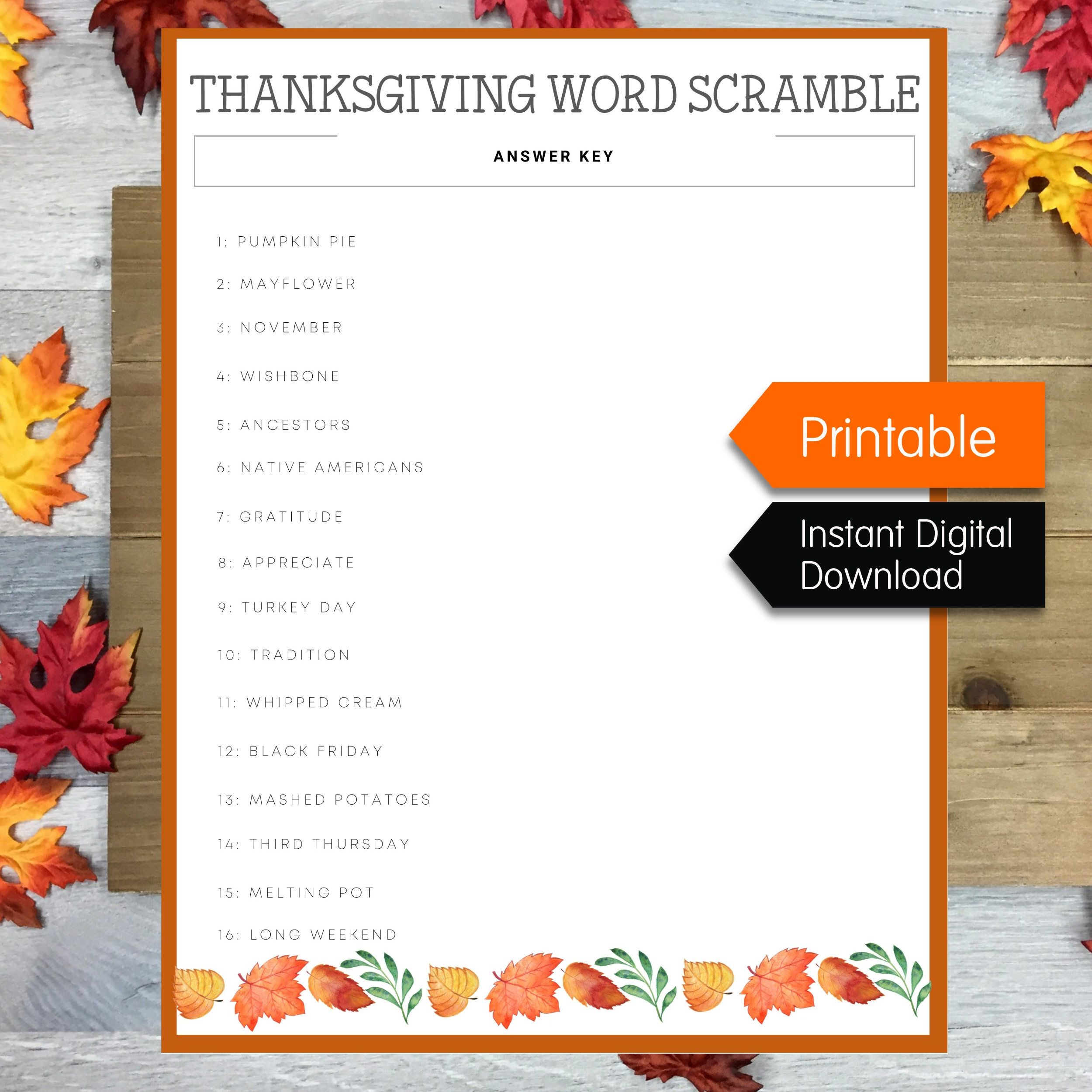 Thanksgiving Word Scramble Puzzle Printable With Answer, Thanksgiving ...