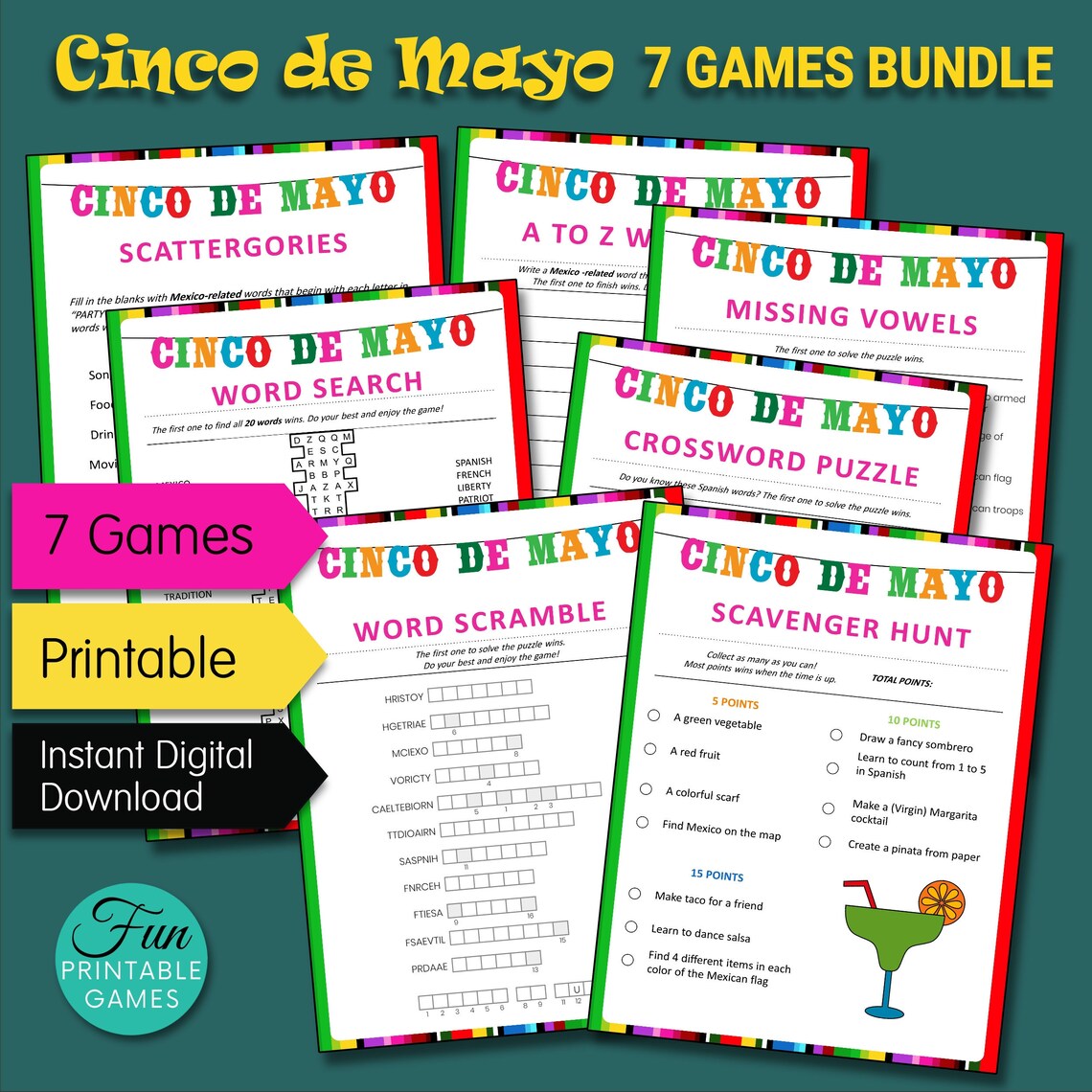 Cinco De Mayo Games Printable, 7 Cinco De Mayo Party Games, Word Search ...