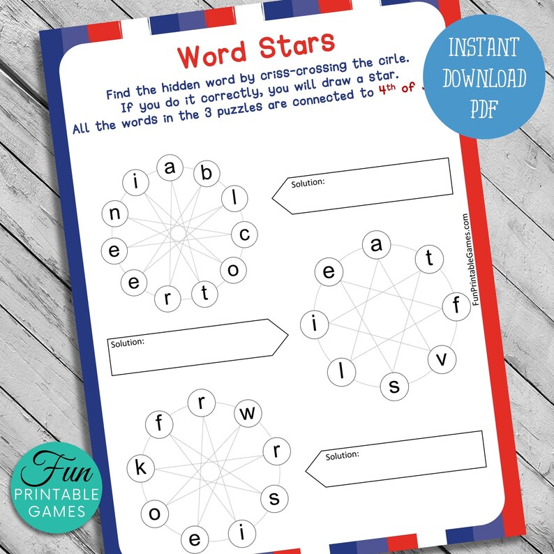 4th of July Word Star Puzzle USA Independence Day Printable Game for ...