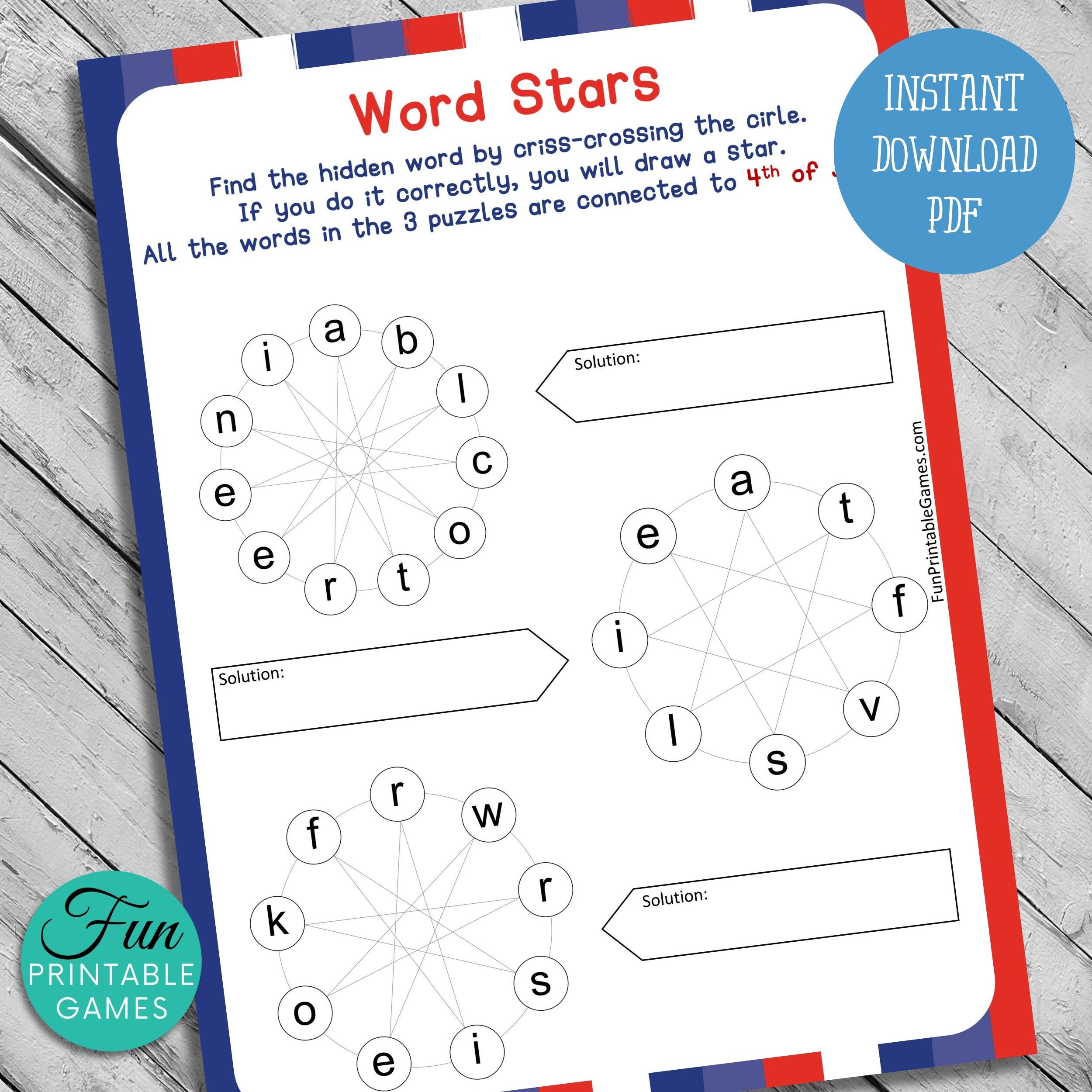 4th of July Word Star Puzzle USA Independence Day Printable Game for ...