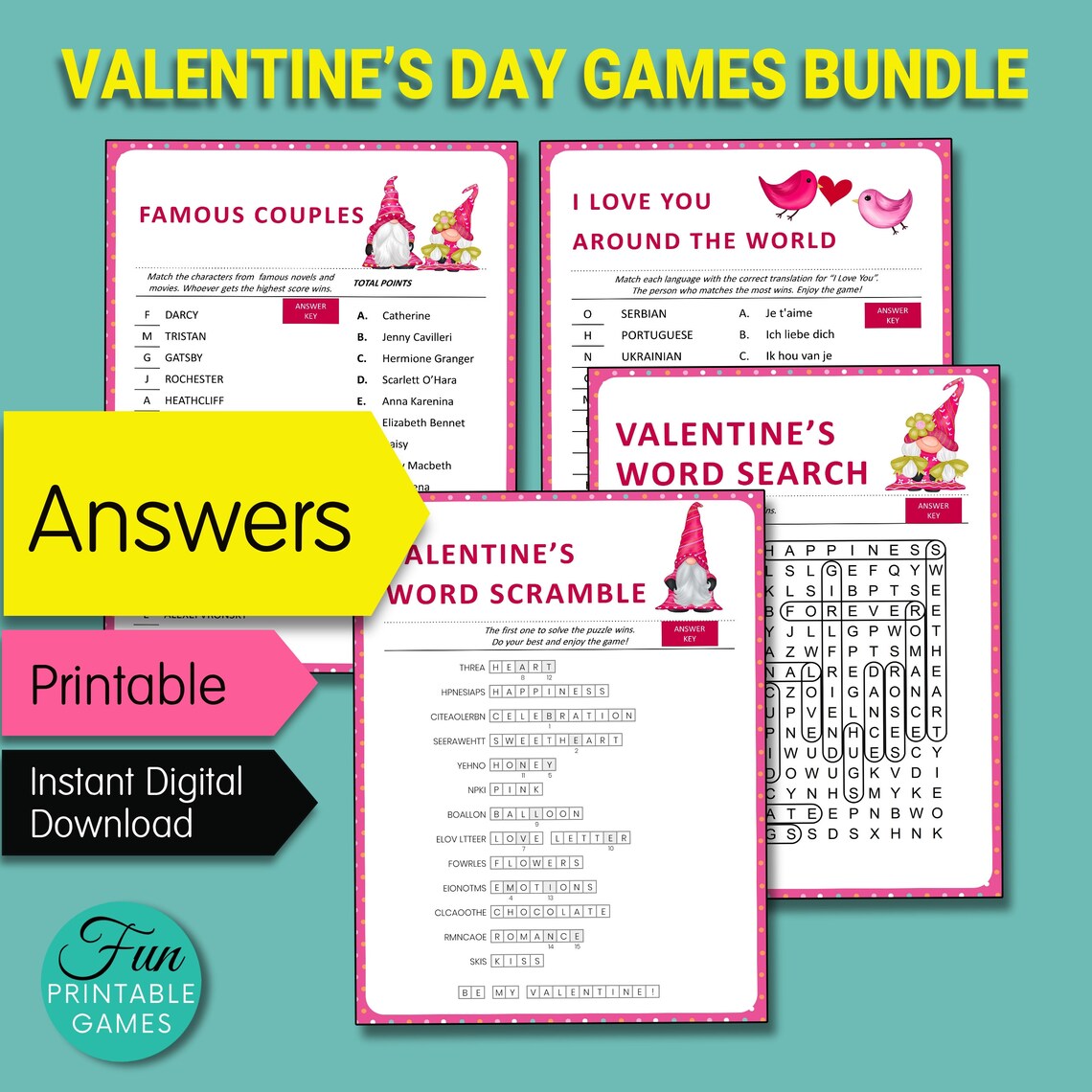 Valentine's Day Games Pack, 7 Valentines Party Games, Answer Key ...