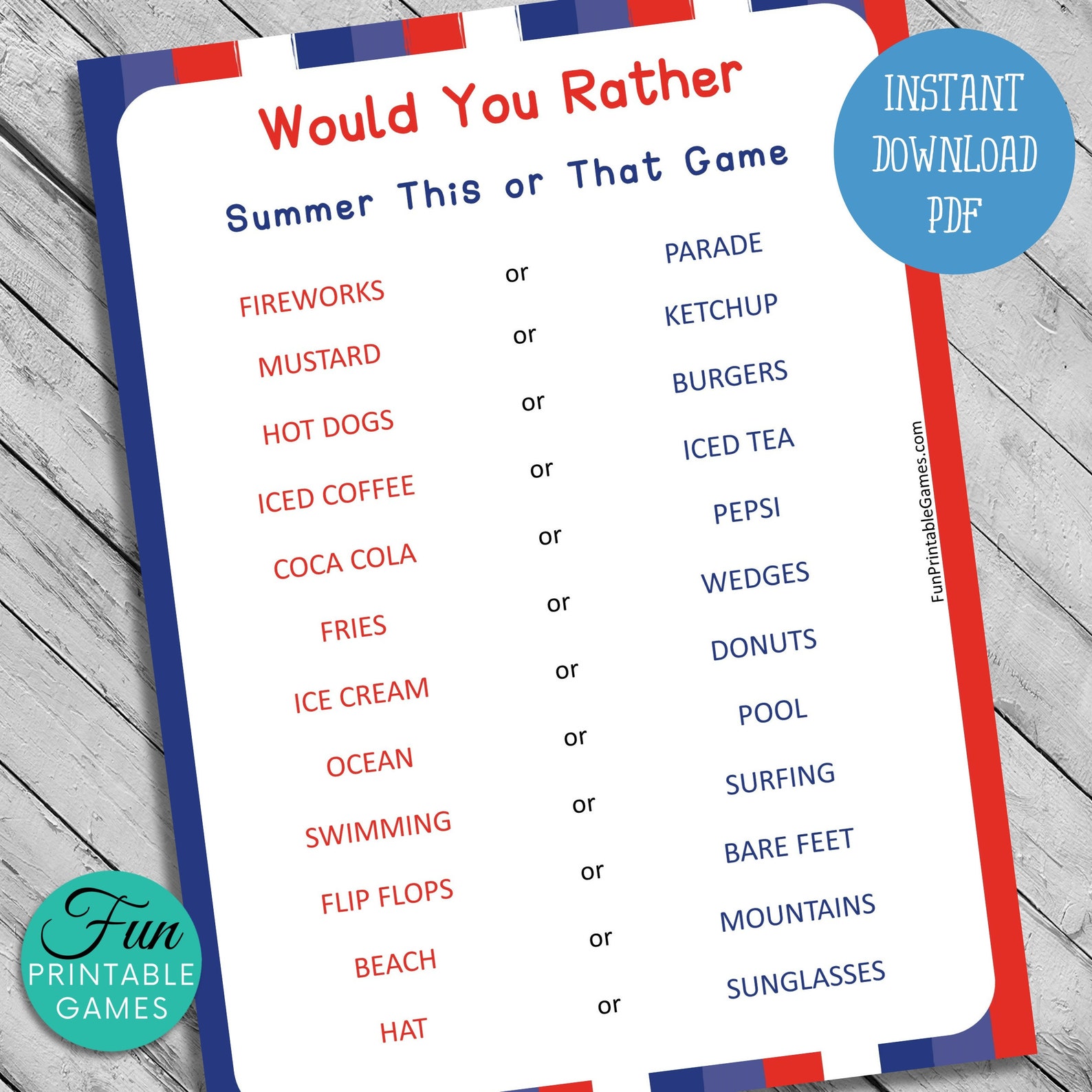 4th of July Would You Rather Summer This or That Game Printable ...
