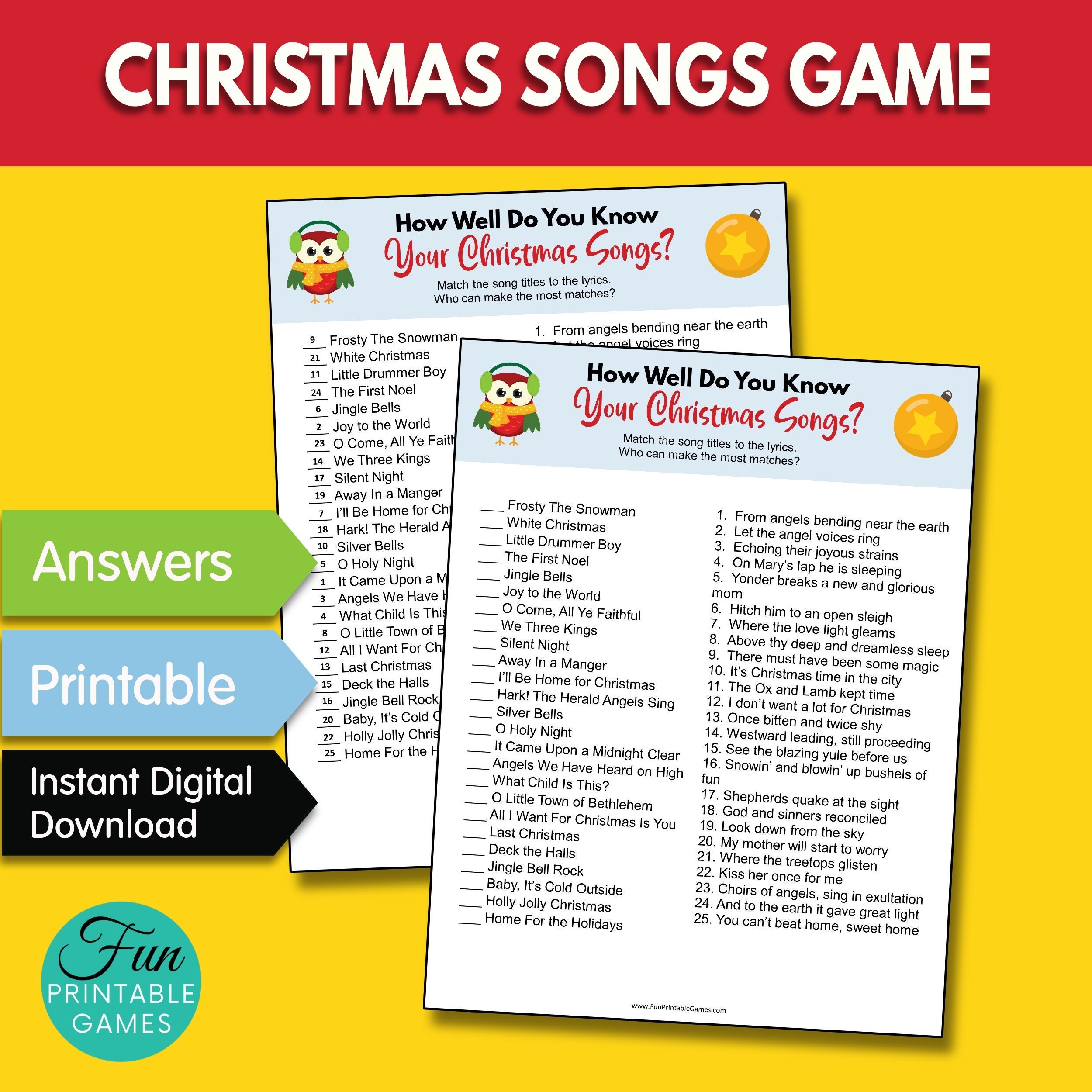 Christmas Songs Quiz Printable Game With Answer, Christmas Songs Trivia ...