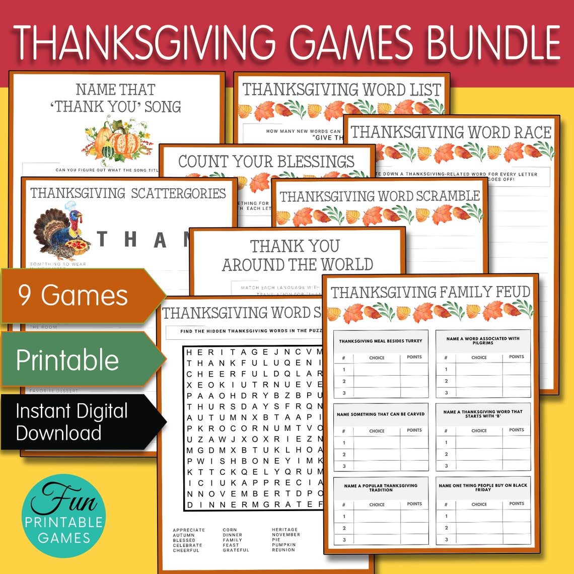 Thanksgiving Games Printable Bundle, 9 Thanksgiving Party Games, Fall ...