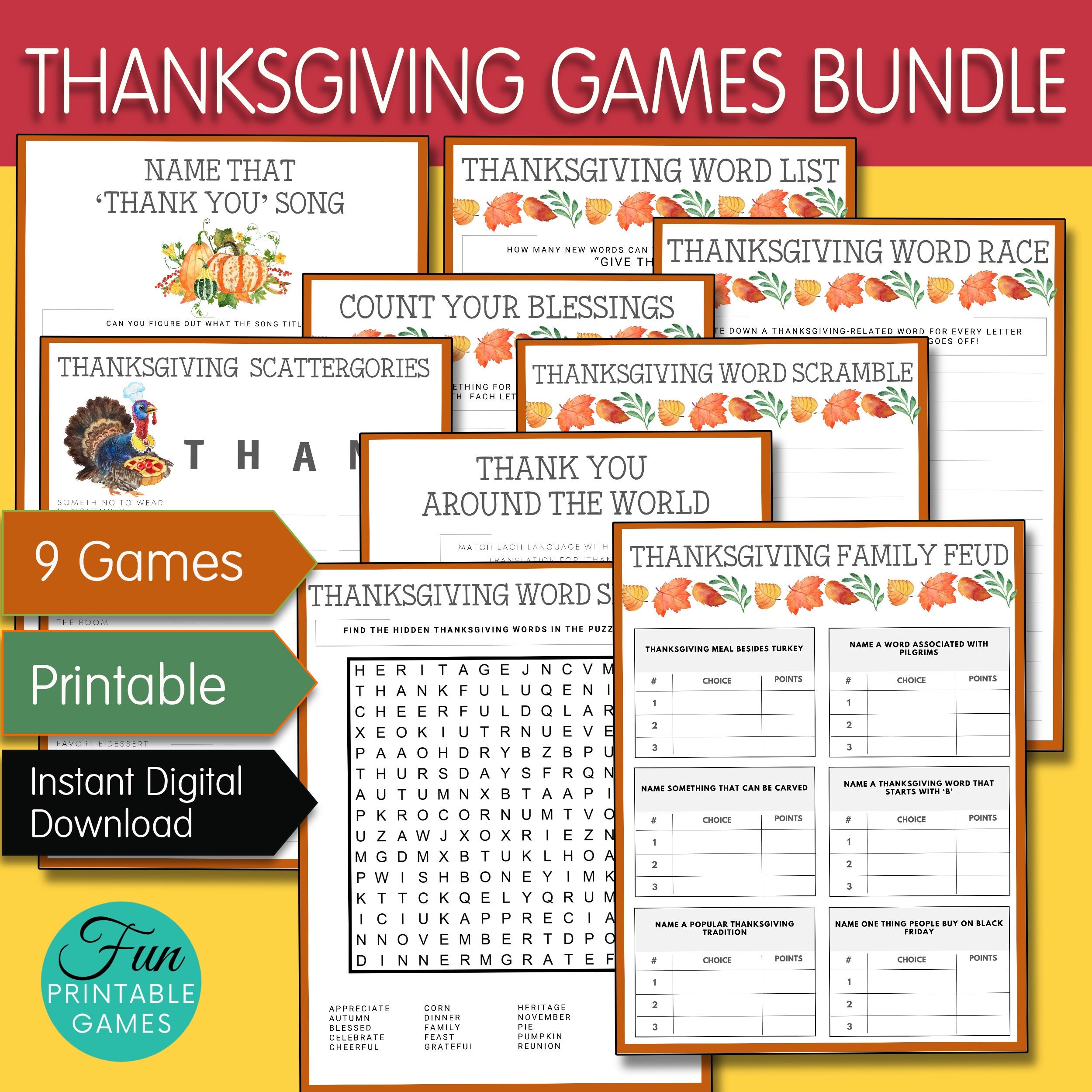 Thanksgiving Games Printable Bundle, 9 Thanksgiving Party Games, Fall ...