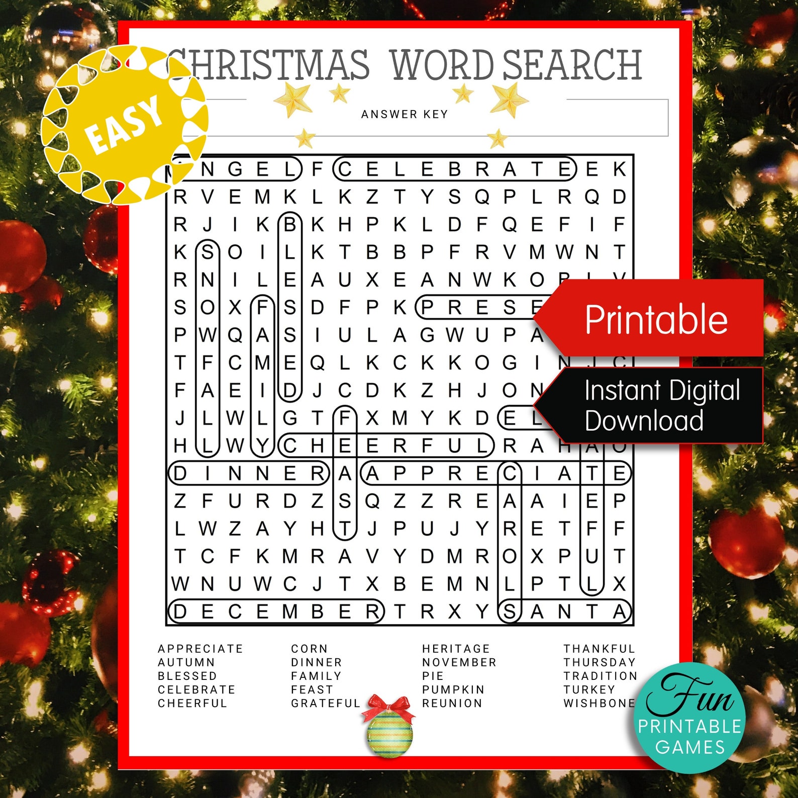 Christmas Word Search Printable Puzzle With Answer, Easy Kid-friendly ...