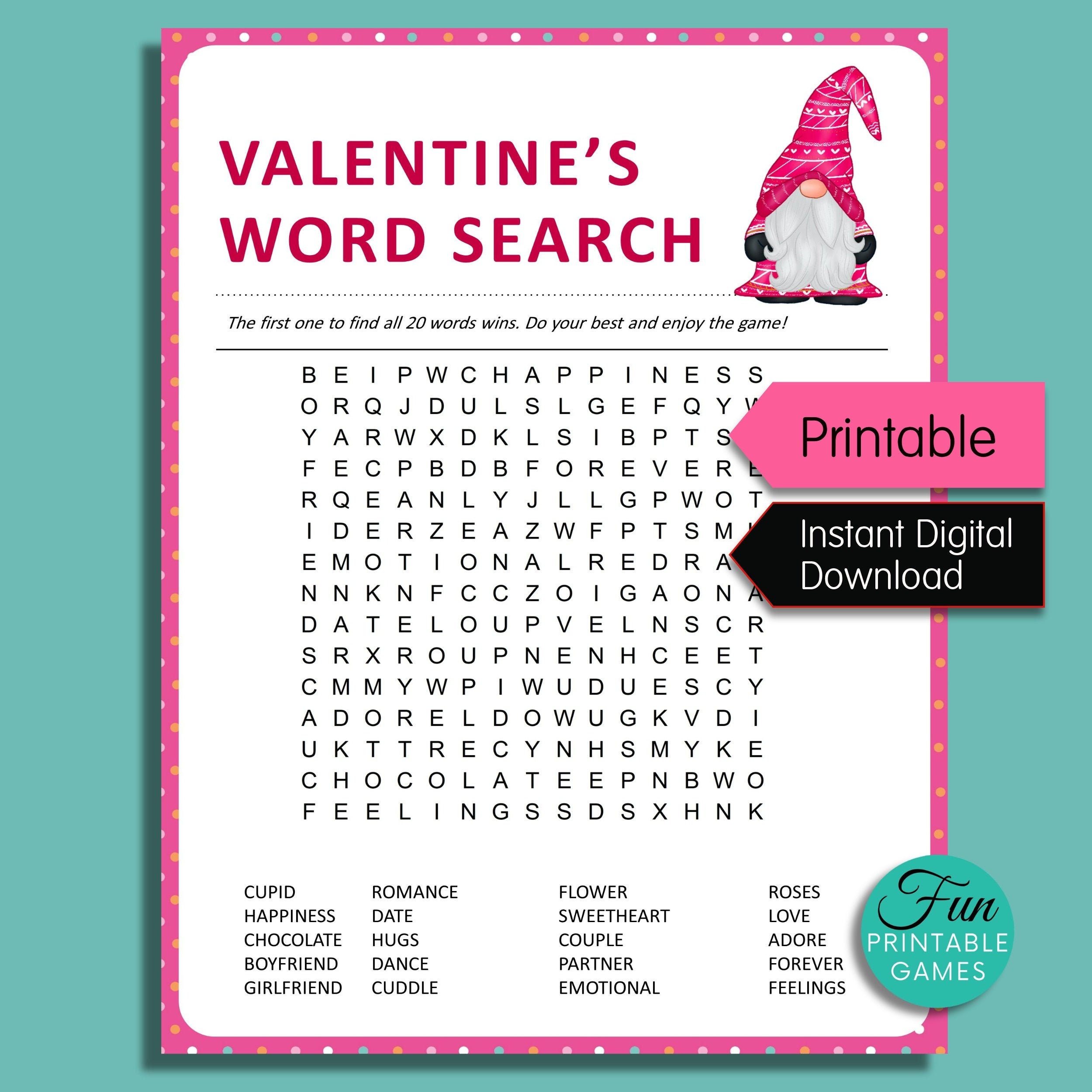 Valentine's Day Word Search Printable Game, Valentines Party Game With ...