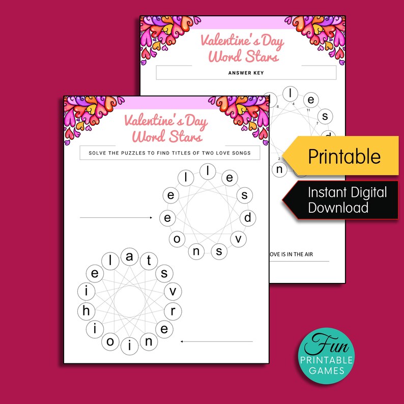 Valentine's Day Word Star Puzzle Game Printable, Valentines Party Game ...