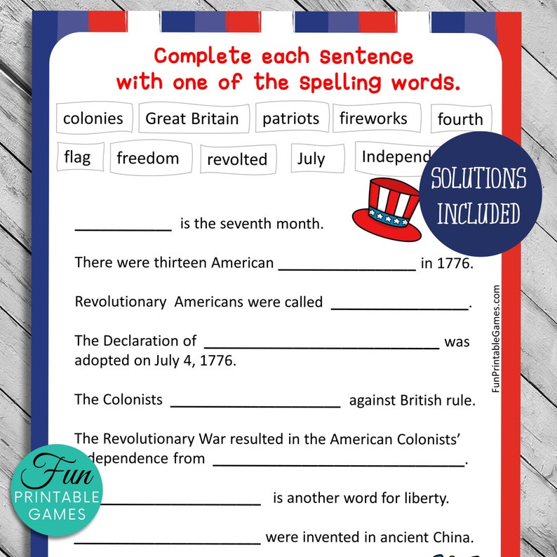 4th of July Complete the Sentences USA Independence Day Printable Game ...