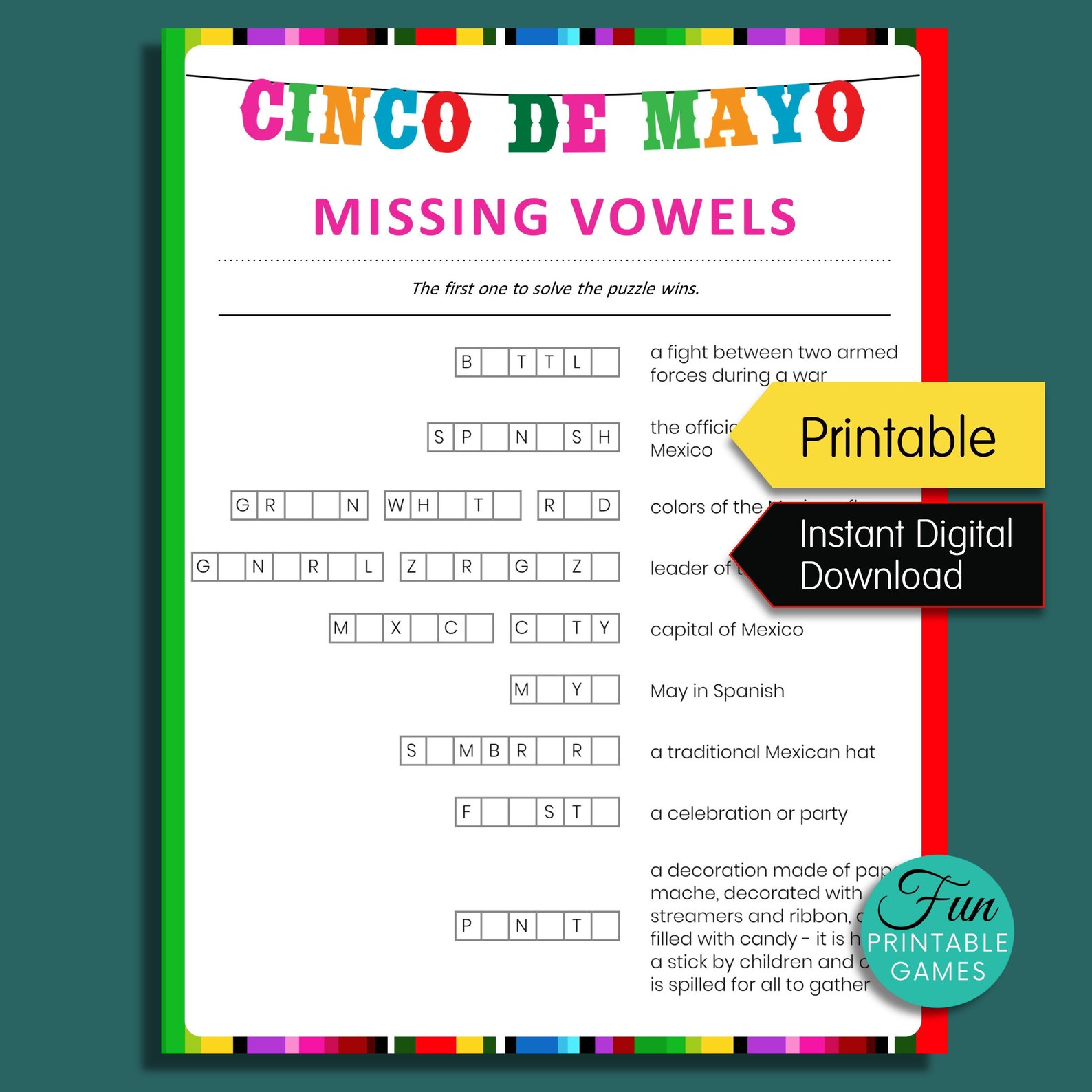 Cinco De Mayo Missing Vowels Printable Cinco De Mayo - Etsy
