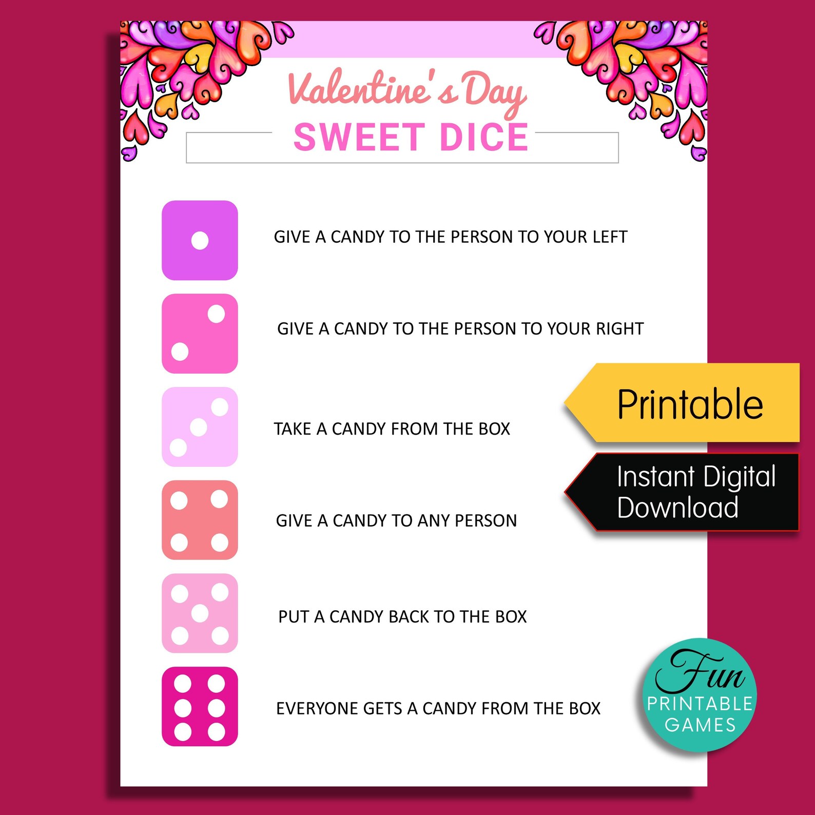 Candy Dice Valentine Games Printable, Valentine's Party Game, Dice Game ...