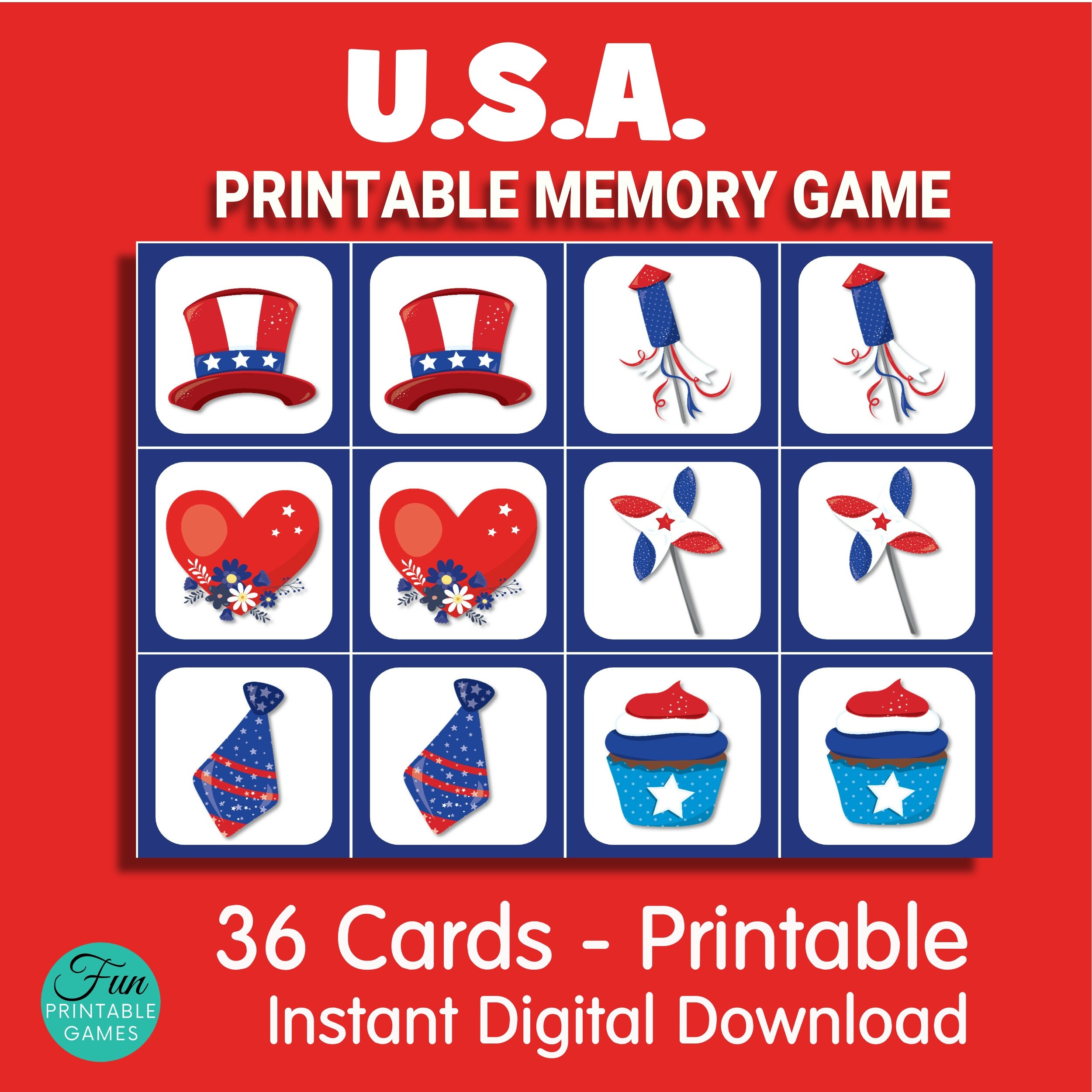 Fourth of July Party Game, USA Patriotic Memory Cards Game, Printable ...
