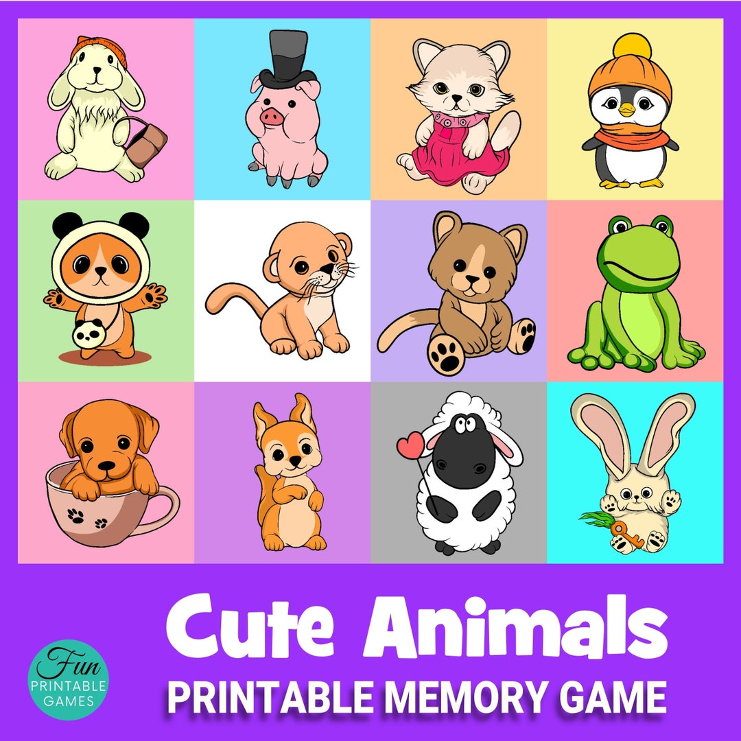 Cute Animals Memory Cards Game, Printable Memory Matching Game Cards ...