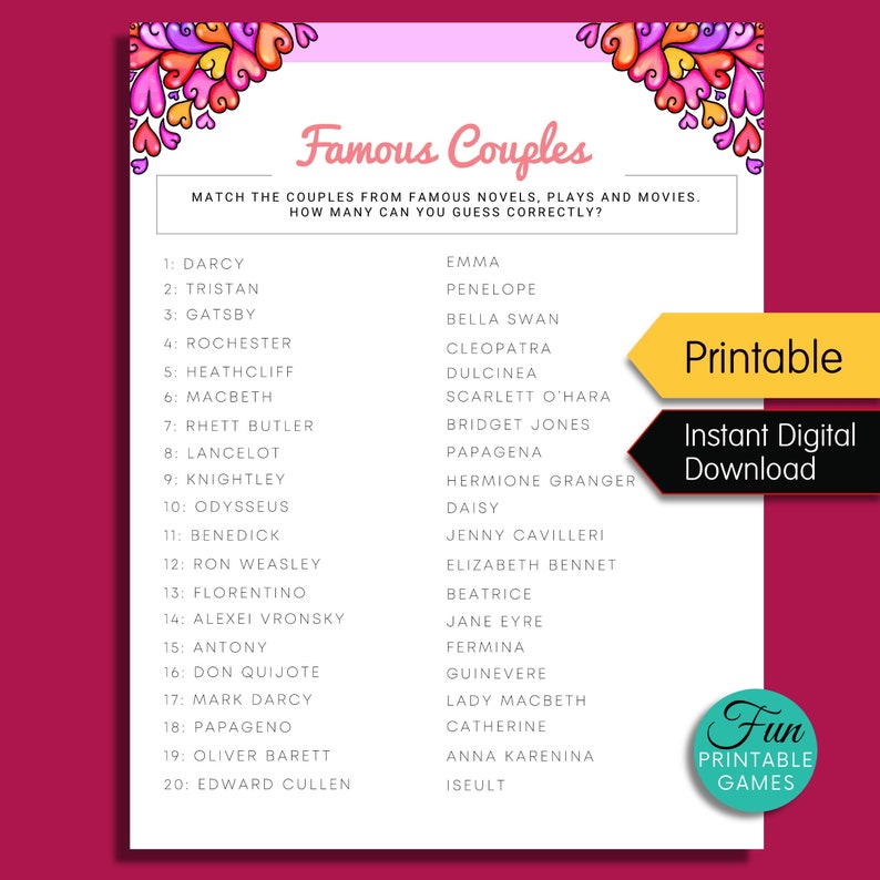 Valentine's Day Couples Matching Game Printable, Valentines Party Game ...