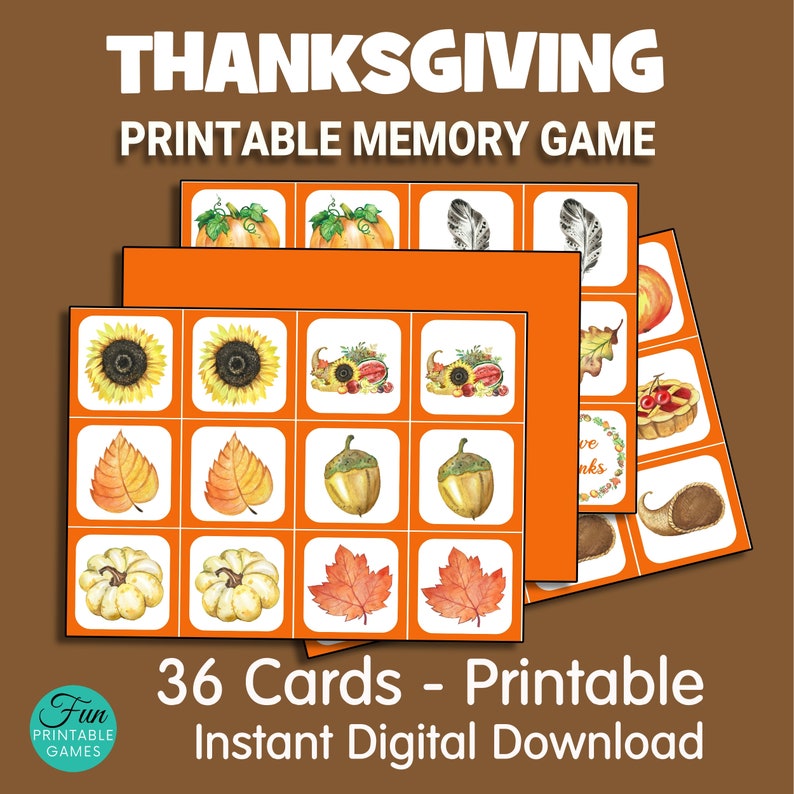 Thanksgiving Memory Cards Game, Thanksgiving Dinner Party Game ...
