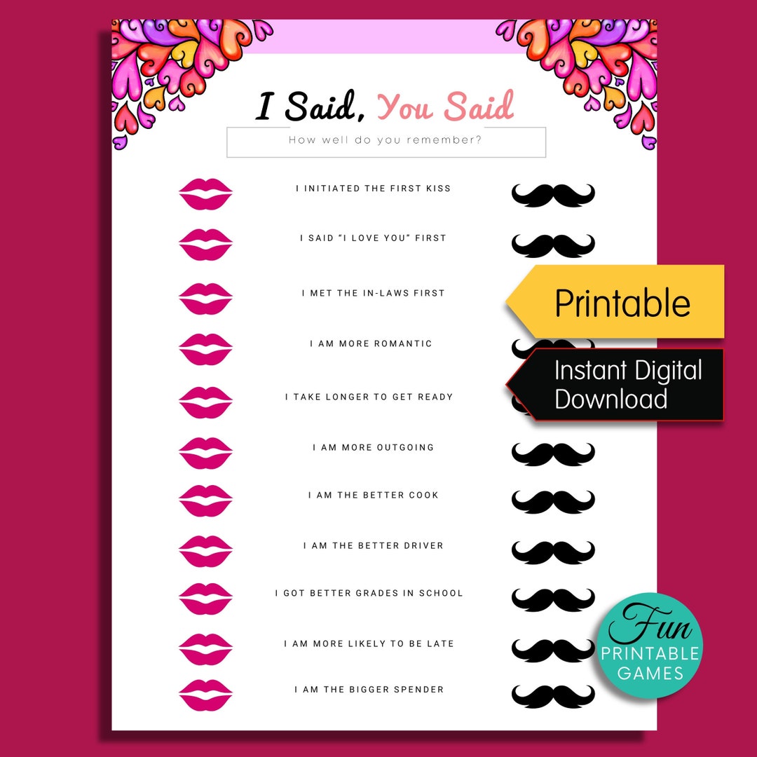 Valentine's Day Who Said Game Printable, Valentine's Game for Couples ...