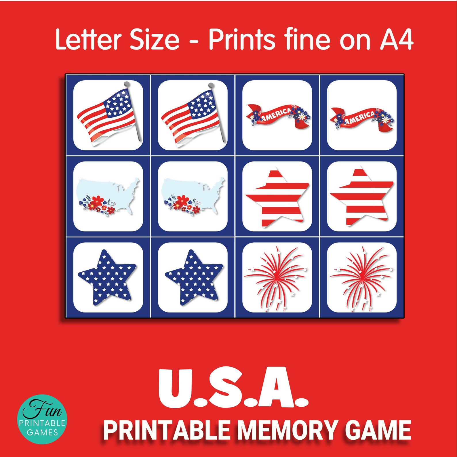 Fourth of July Party Game, USA Patriotic Memory Cards Game, Printable ...