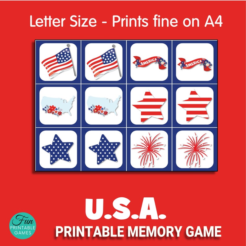 Fourth of July Party Game, USA Patriotic Memory Cards Game, Printable ...