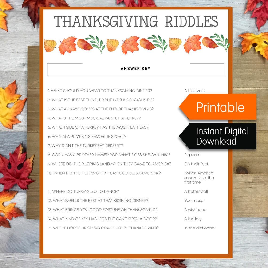 Thanksgiving Riddles Printable Game With Answer, Thanksgiving Dinner ...