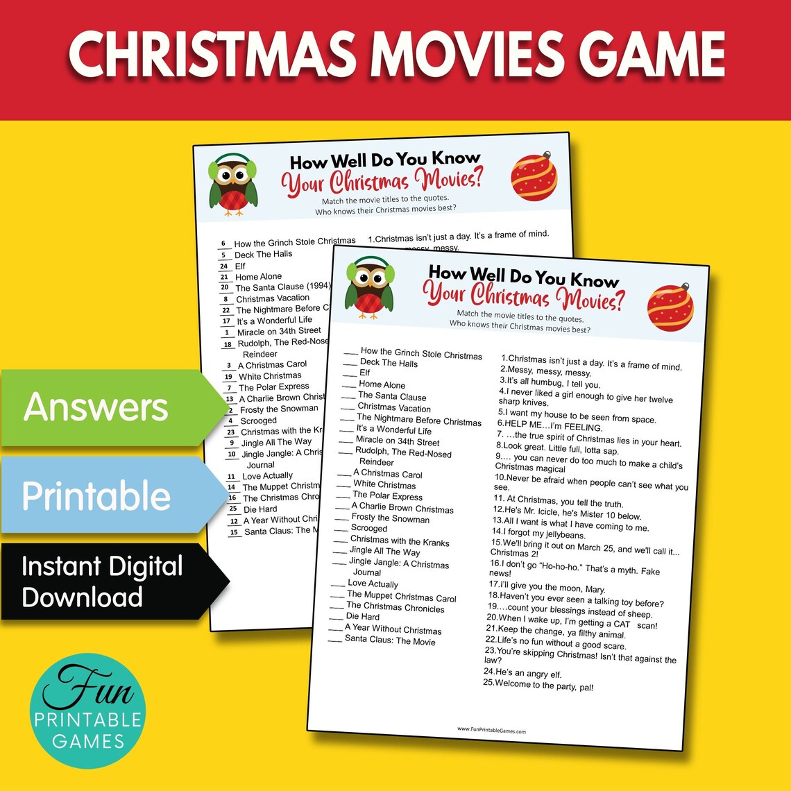 Christmas Movie Quotes Quiz Printable Game With Answer, Christmas ... Christmas Movie Quotes Quiz Printable Game With Answer, Christmas ...