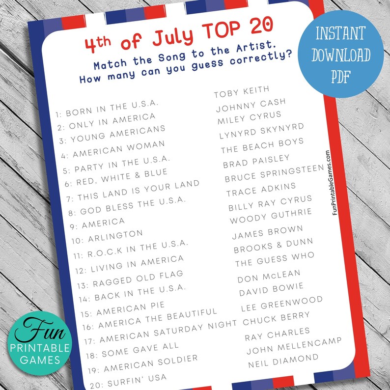 4th of July Top 20 American Music Trivia USA Independence Day Printable ...