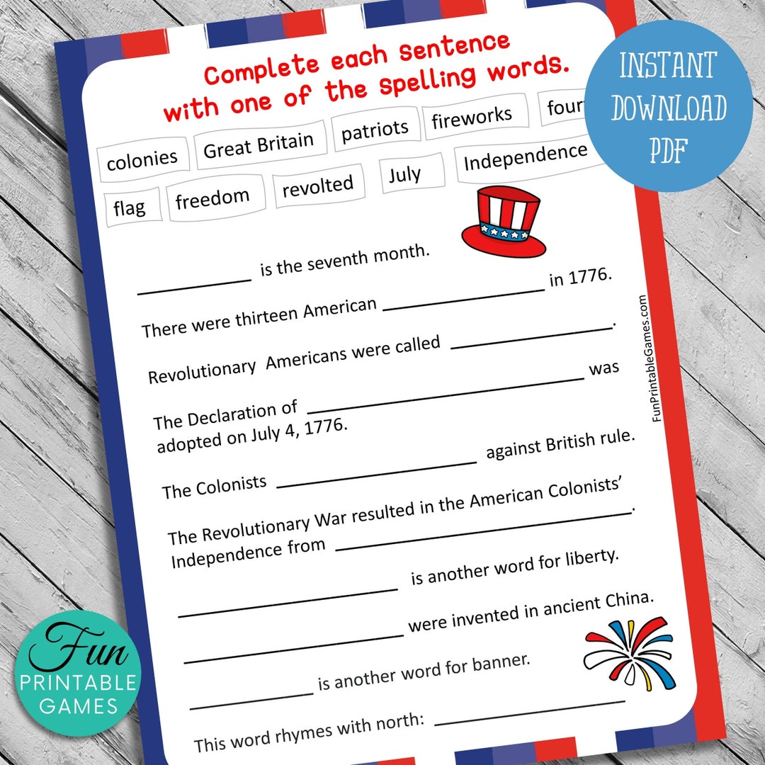 4th of July Complete the Sentences USA Independence Day Printable Game ...