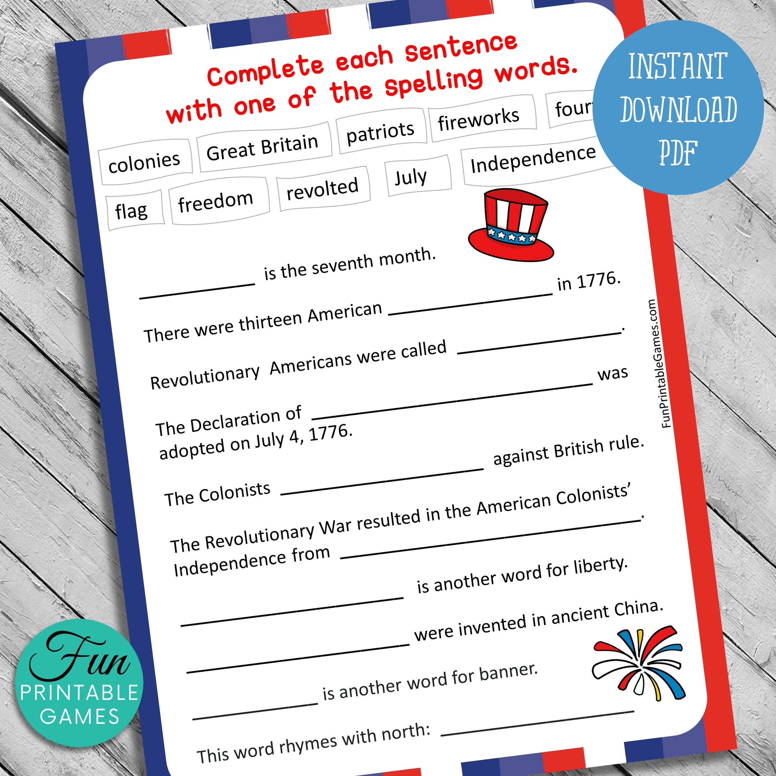 4th of July Complete the Sentences USA Independence Day Printable Game ...