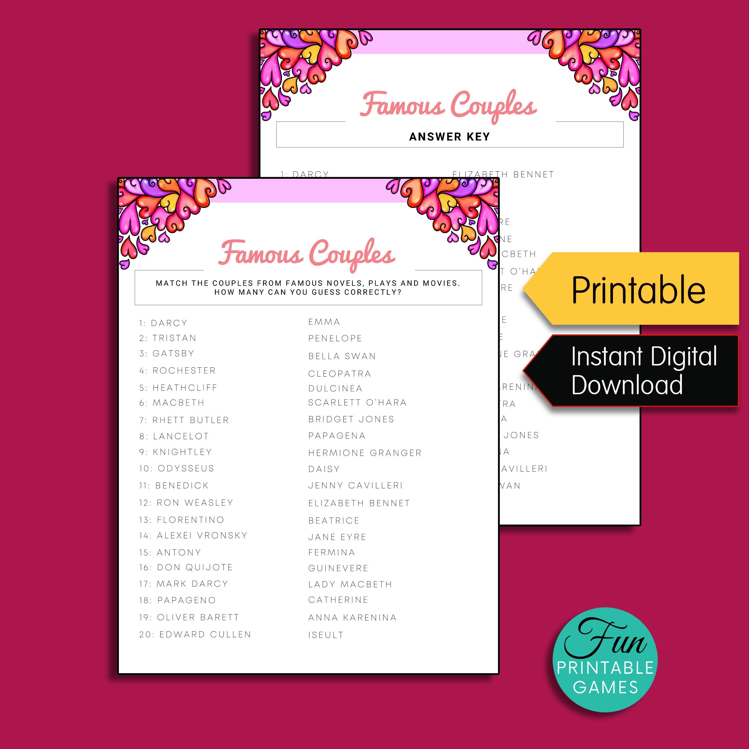 Valentine's Day Couples Matching Game Printable, Valentines Party Game ...