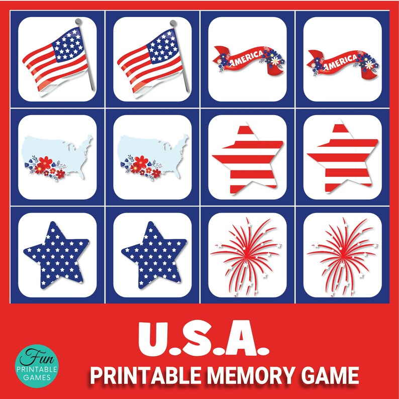 Fourth of July Party Game, USA Patriotic Memory Cards Game, Printable ...