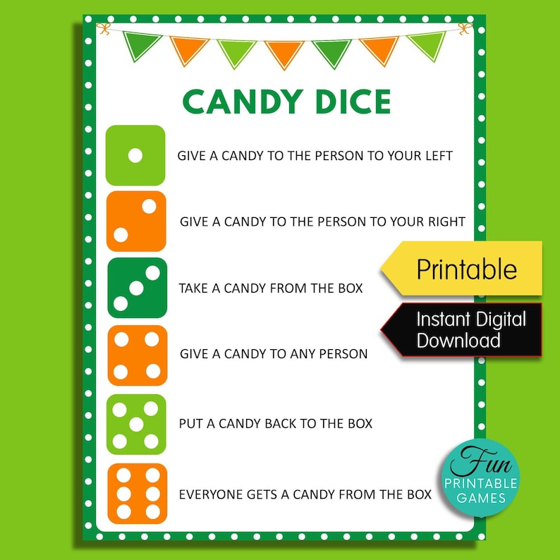 Candy Dice Game Printable for Irish Party, St Patricks Day Game for ...