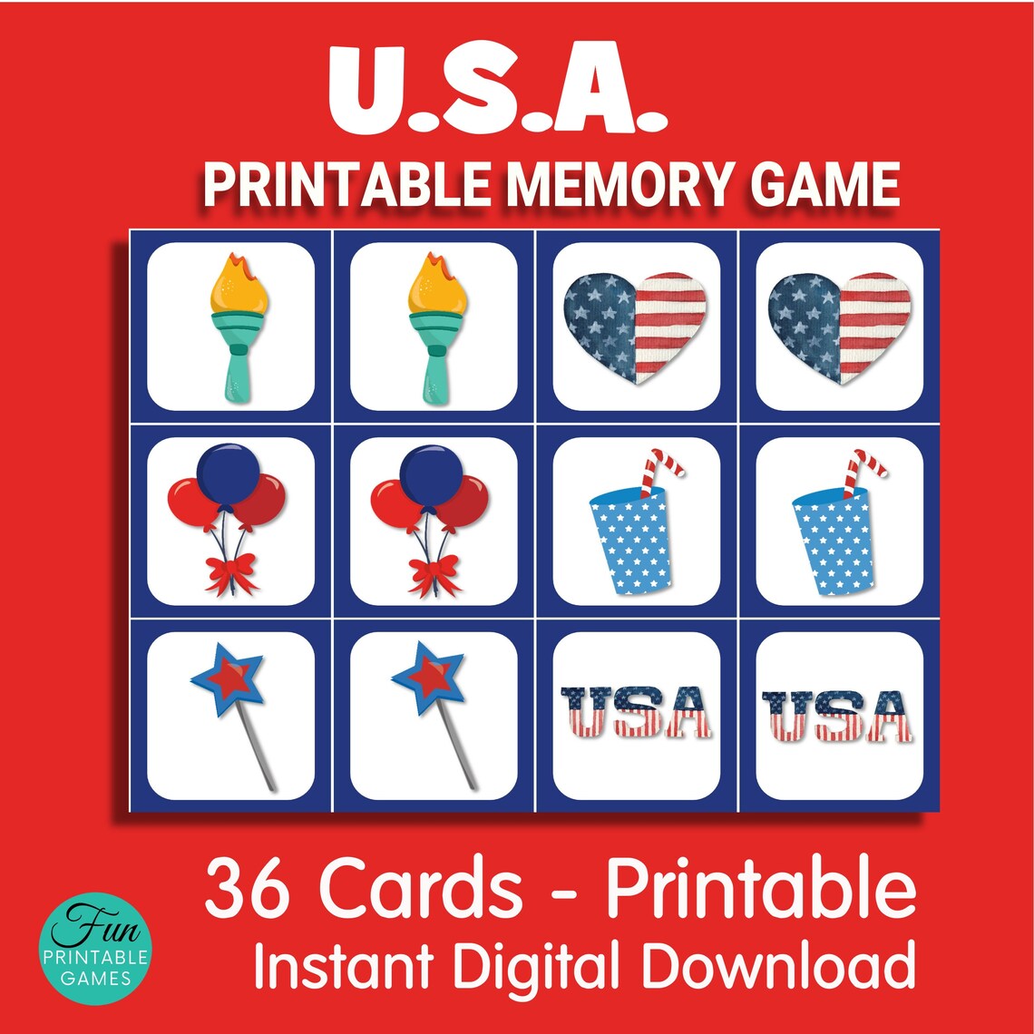 Fourth of July Party Game, USA Patriotic Memory Cards Game, Printable ...