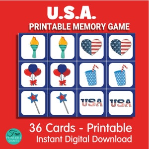 Fourth of July Party Game, USA Patriotic Memory Cards Game, Printable ...