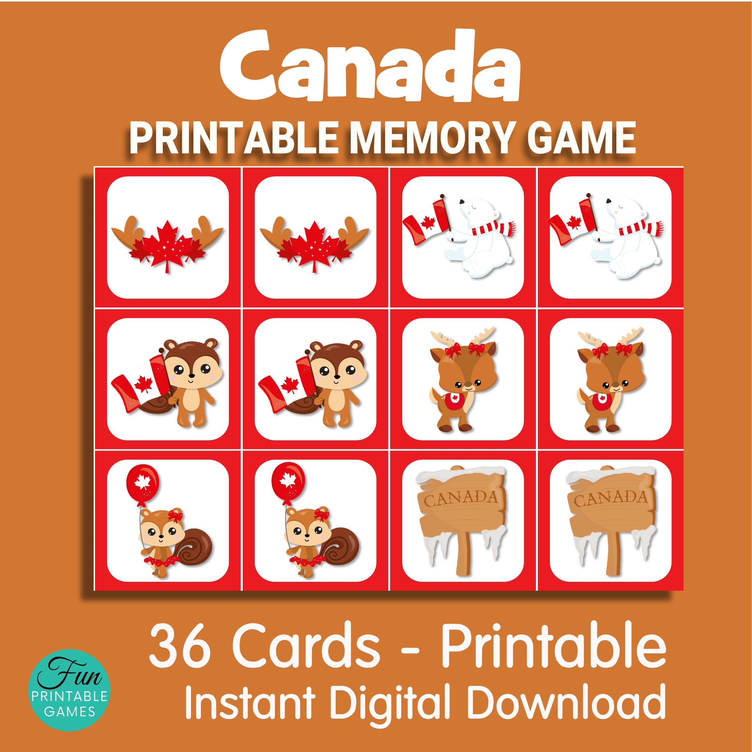 Canada Symbols Memory Cards Game, Victoria Day Party Game, Printable ...