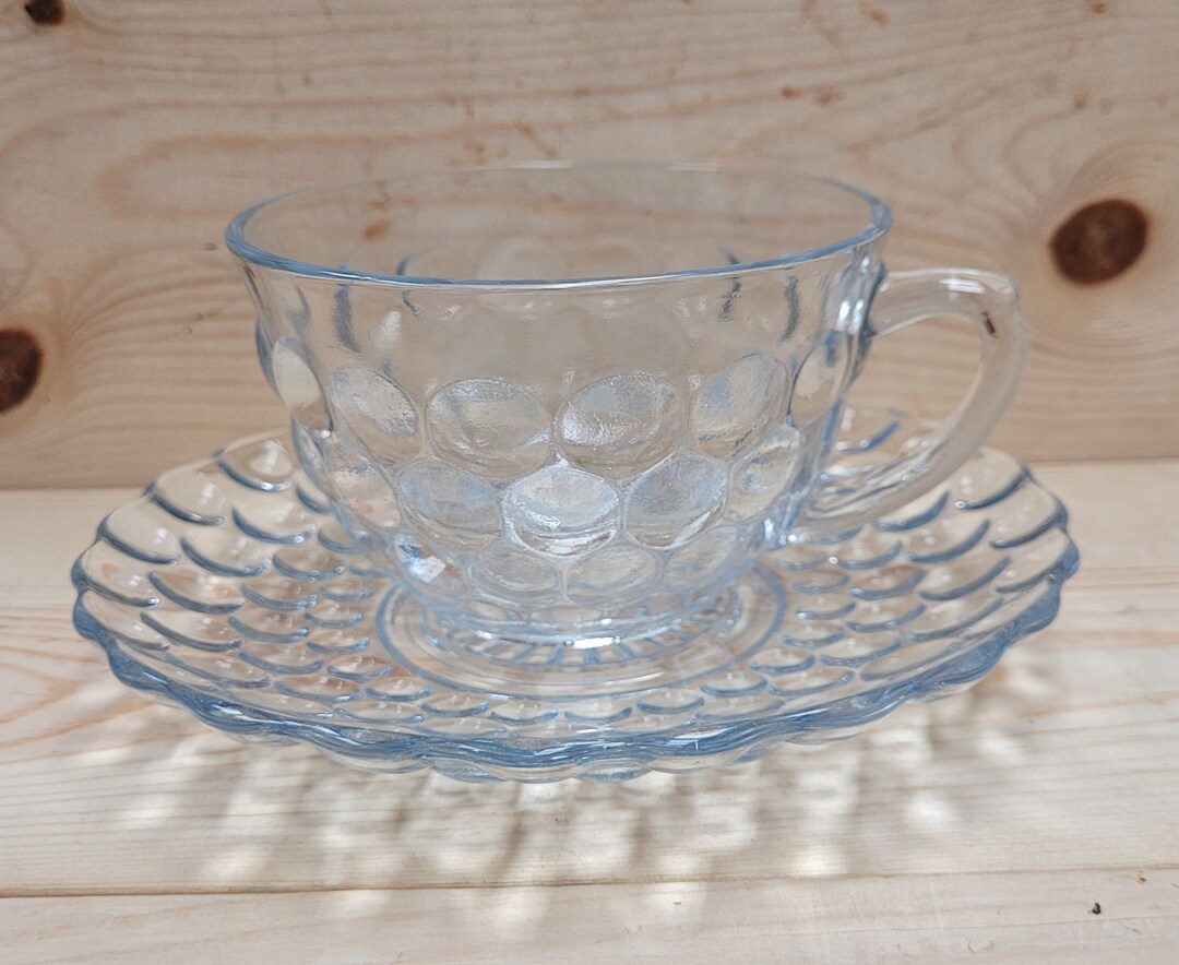 DEPRESSION BUBBLE Glass>clear Glass Cup & Saucer>vintage 40s50s60s