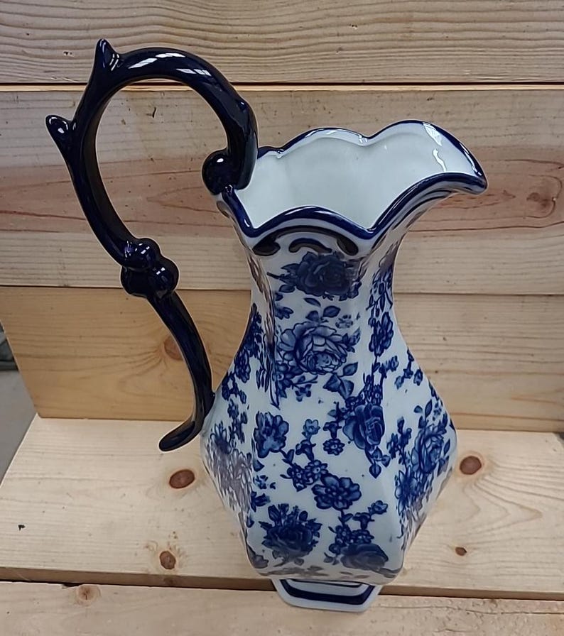 Large Bright White/cobalt Blue Floral Pitcher>vintage Porcelain Vase ...