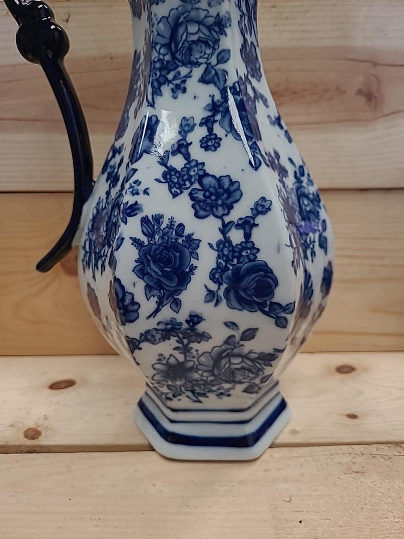 Large Bright White/cobalt Blue Floral Pitcher>vintage Porcelain Vase ...