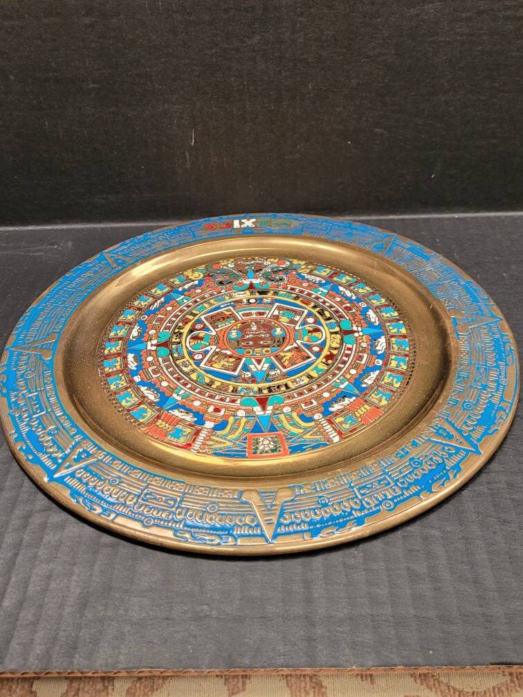Vintage Brightly Colored BRASS MAYAN/AZTEC Calendarplate Platter Tray ...
