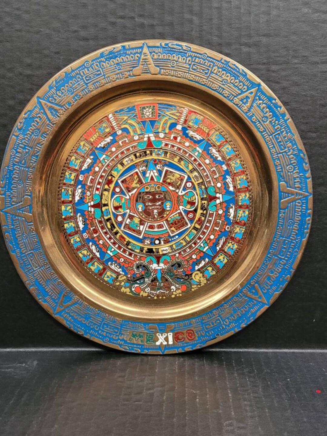 Vintage Brightly Colored BRASS MAYAN/AZTEC Calendarplate Platter Tray ...