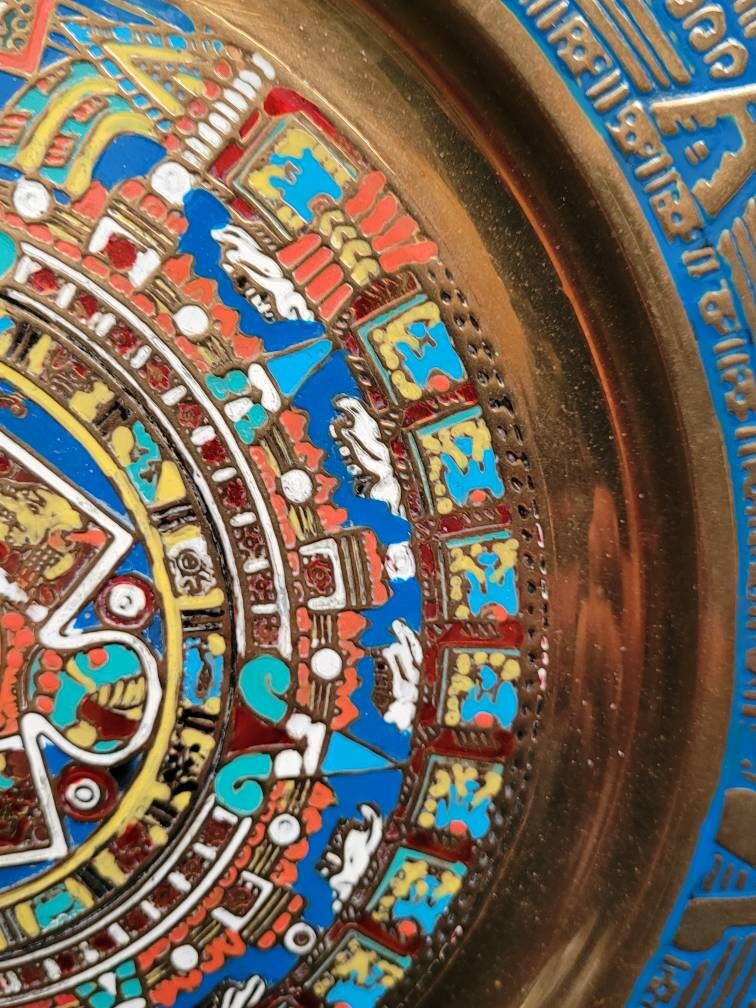 Vintage Brightly Colored BRASS MAYAN/AZTEC Calendar>plate Platter Tray ...