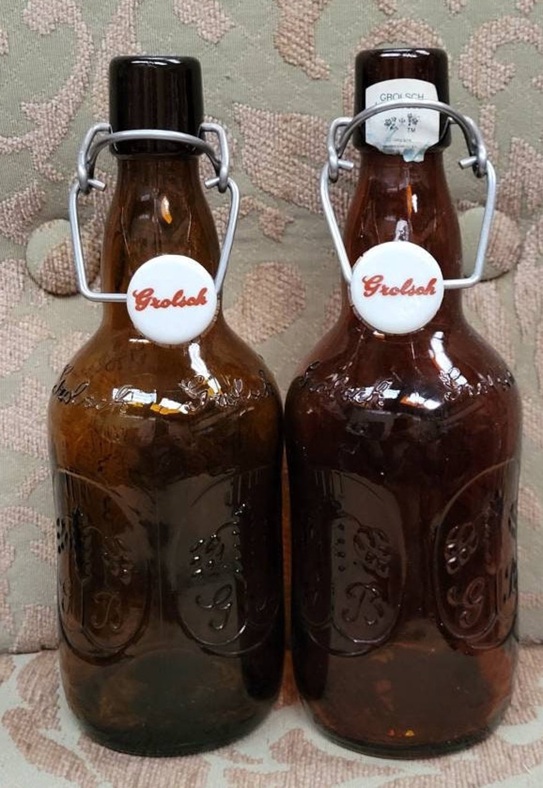 Set of 2>grolsch Vintage Amber Brown Glass Beer Bottles With Porcelain ...