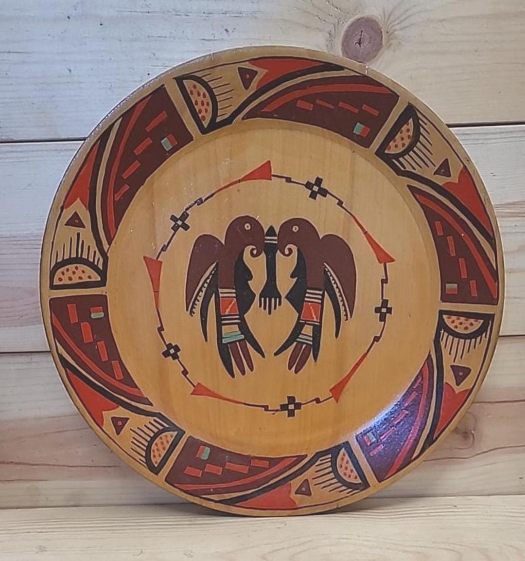 Primitive. Folk Art>vintage Hand-painted Wood Plate Native Hopi Tribe ...