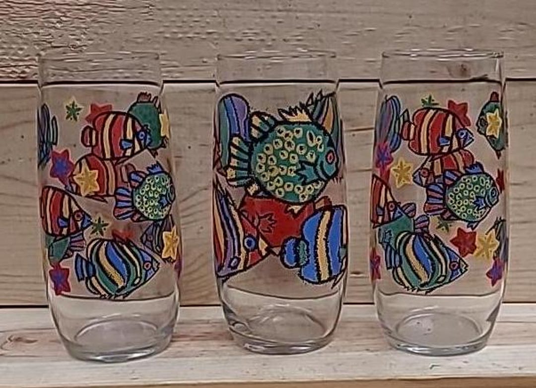 70's Retro Libbey Tropical Fish Tumblers/14oz Glasses. Fun Colorful ...