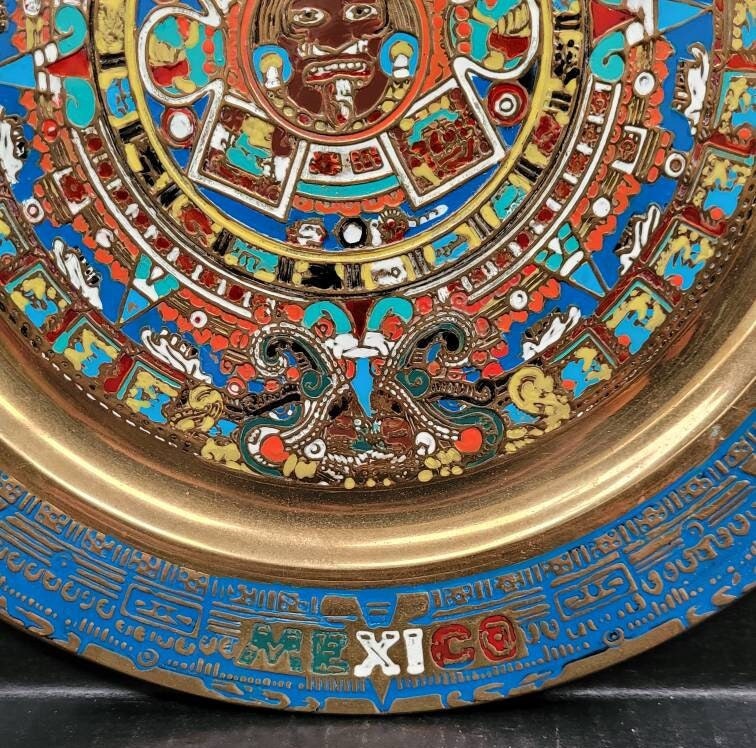 Vintage Brightly Colored BRASS MAYAN/AZTEC Calendar>plate Platter Tray ...