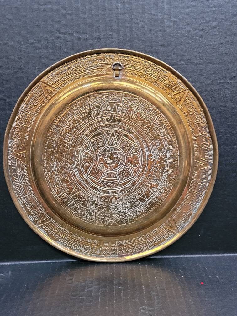 Vintage Brightly Colored BRASS MAYAN/AZTEC Calendar>plate Platter Tray ...