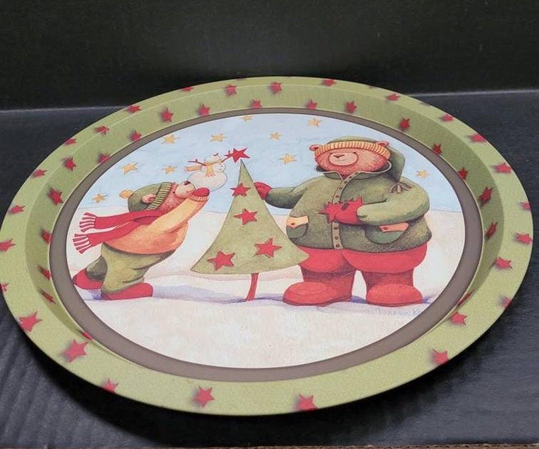 TEDDY Tray> Vintage Lindy Bowman Christmas Tin Metal Sweet TEDDY Bear ...