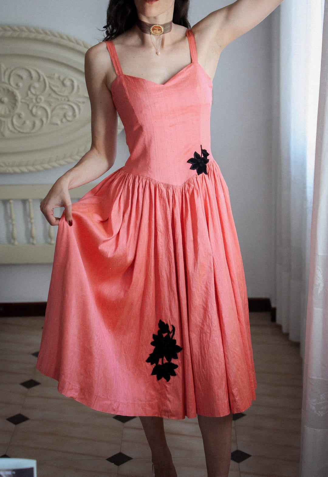 Vintage 1960s Coral Pink Taffeta Corset Dress With Velvet Floral ...