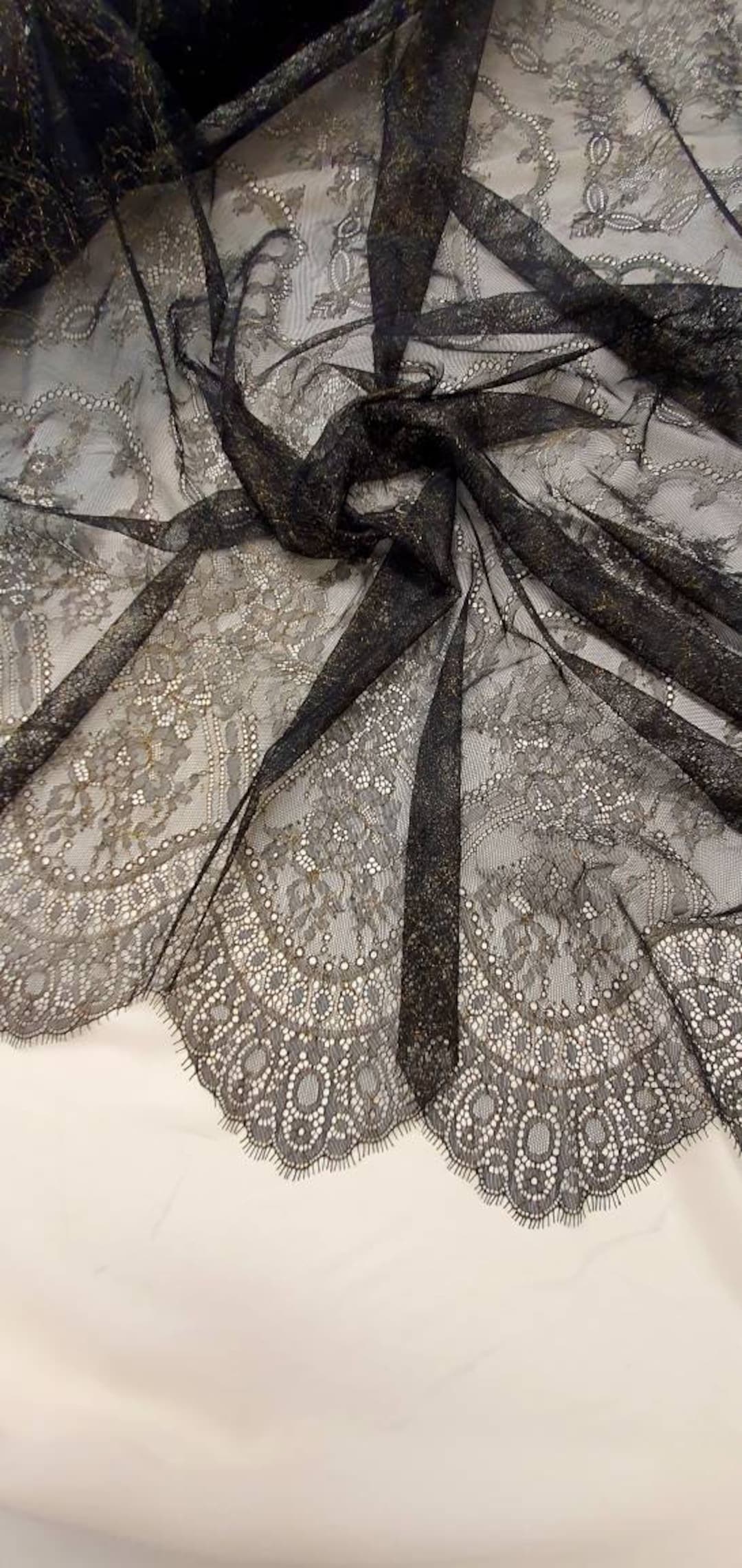 Wide Chantilly Lace Fabric With Golden Lyrex Yarn, Two Sides Scalloped ...