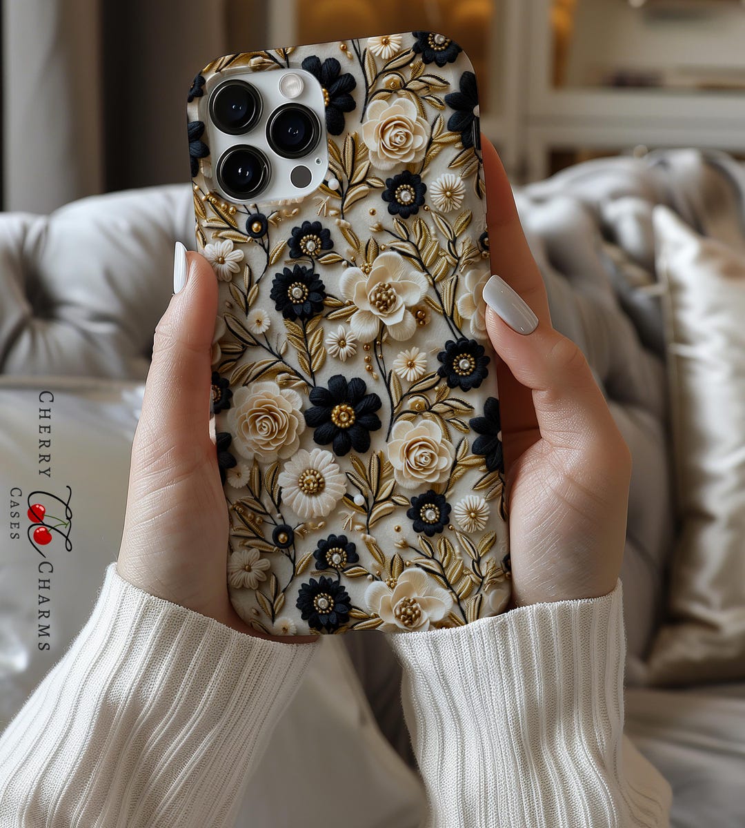 Elegant 3D Floral Phone Case, Black and White Flower iPhone Cover ...