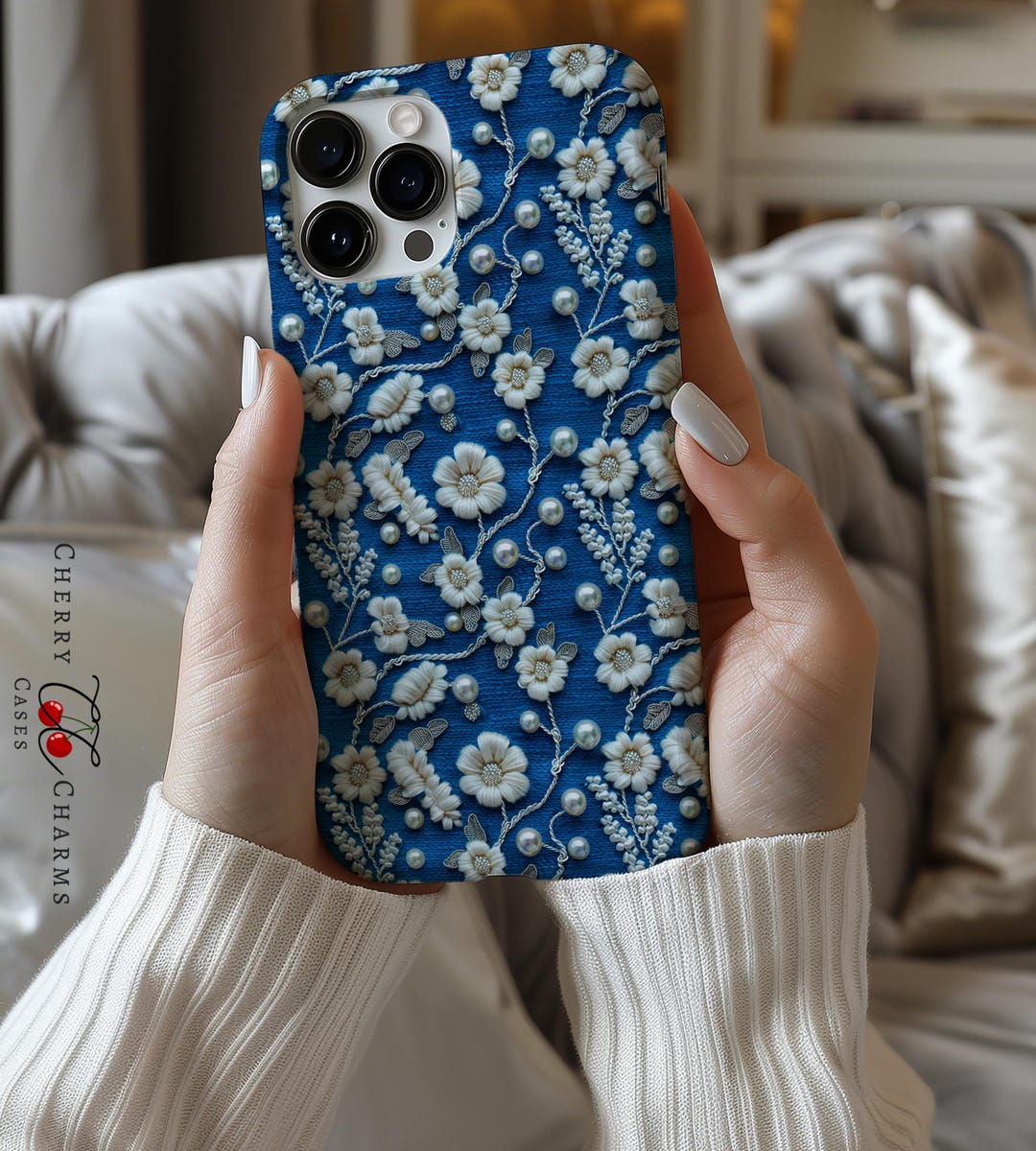 Elegant 3D Flower Faux Embroidery Phone Case, Blue and White Flower ...
